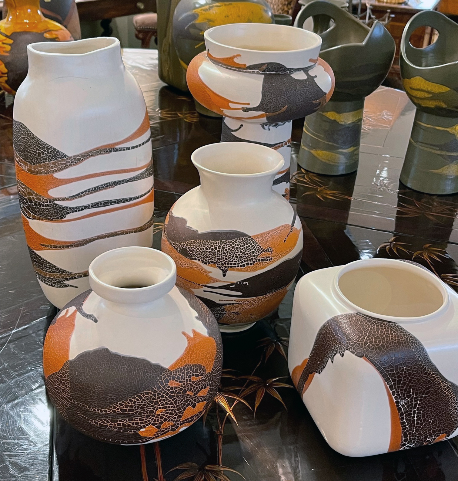 Set of 5 Royal Haeger Pottery Vases with Brown and Russet Drip Glaze on ...